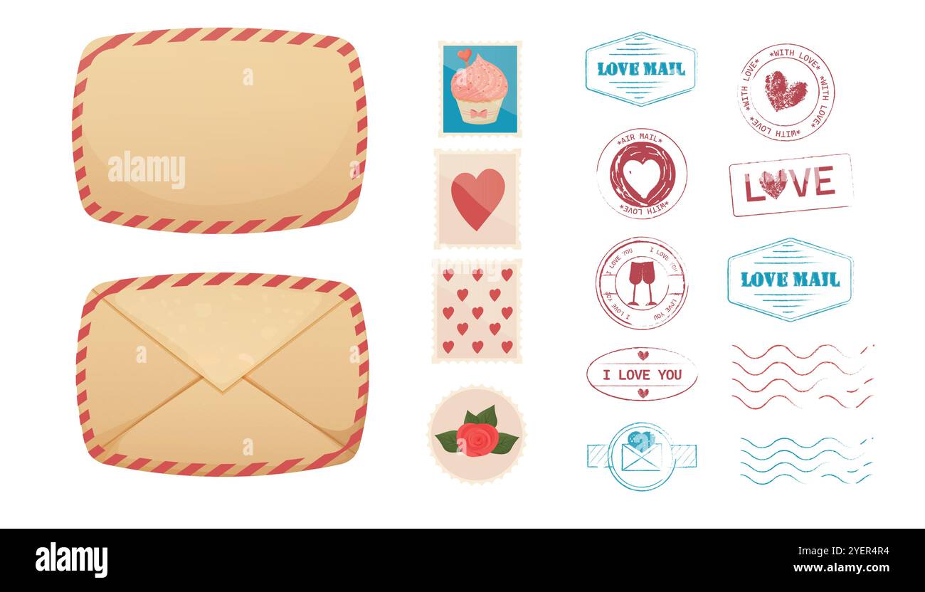 Set Love stamp, romantic mail, postage envelope. Retro Valentine ...