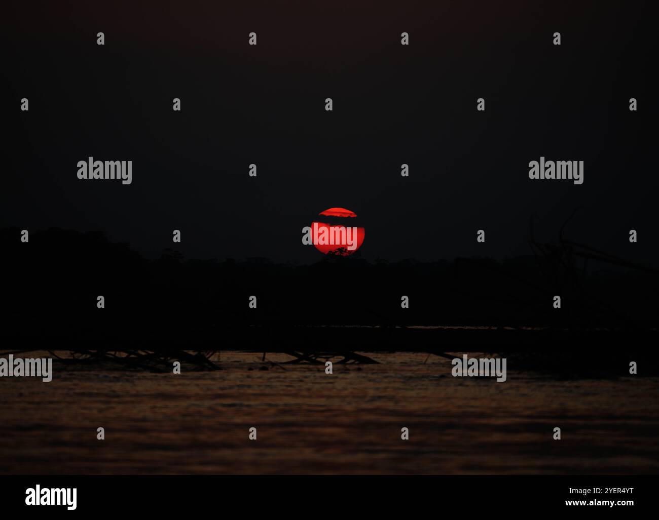 Red ball of a sunset on the Amazon River in the Yasuni National Park ...