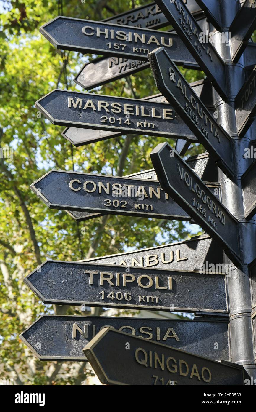 Direction street sign showing distance between cities in Odessa Ukraine ...