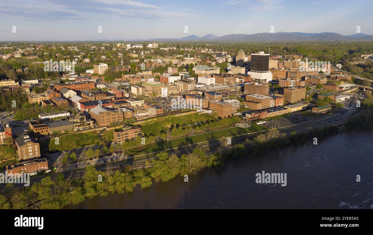 Aerial View of the James River flowing by the hill that holds lynchburg ...