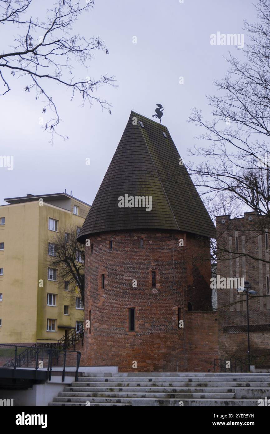 Round tower in the historic surrounding city wall of Slupsk, Poland ...