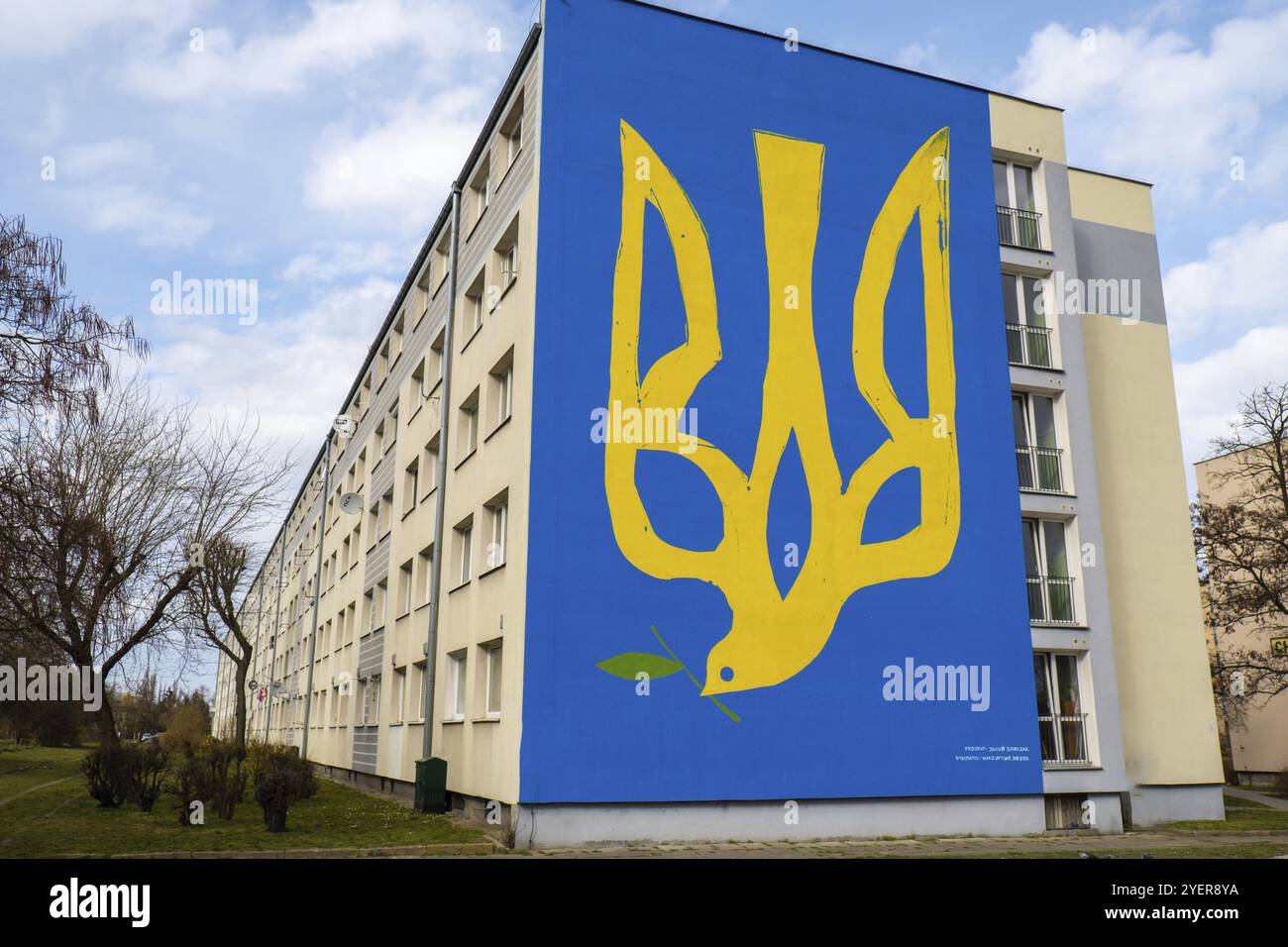 Gdansk Poland March 2022 UKRAINE national emblem with pigeon symbol of ...