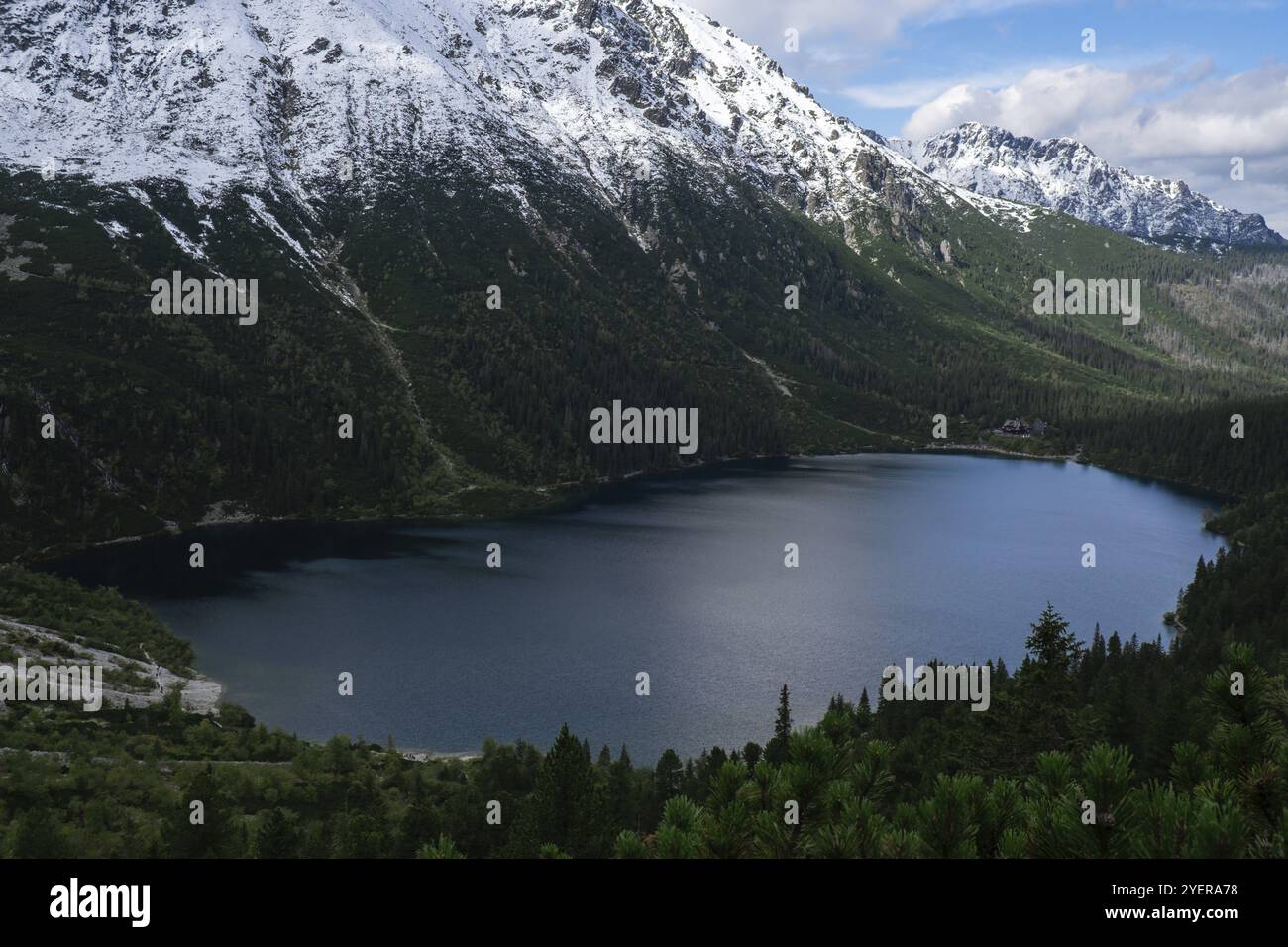 Morskie Oko Snowy Mountain Hut in Polish Tatry mountains, drone view ...
