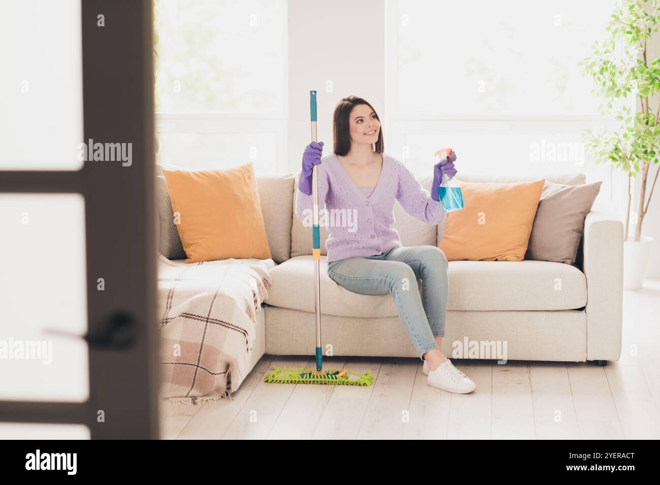 Full body photo of nice young teen girl mopping floor detergent wear ...