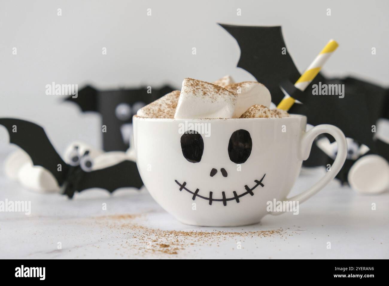 Painted white cup scary jacks face with marshmallows Hot chocolate ...