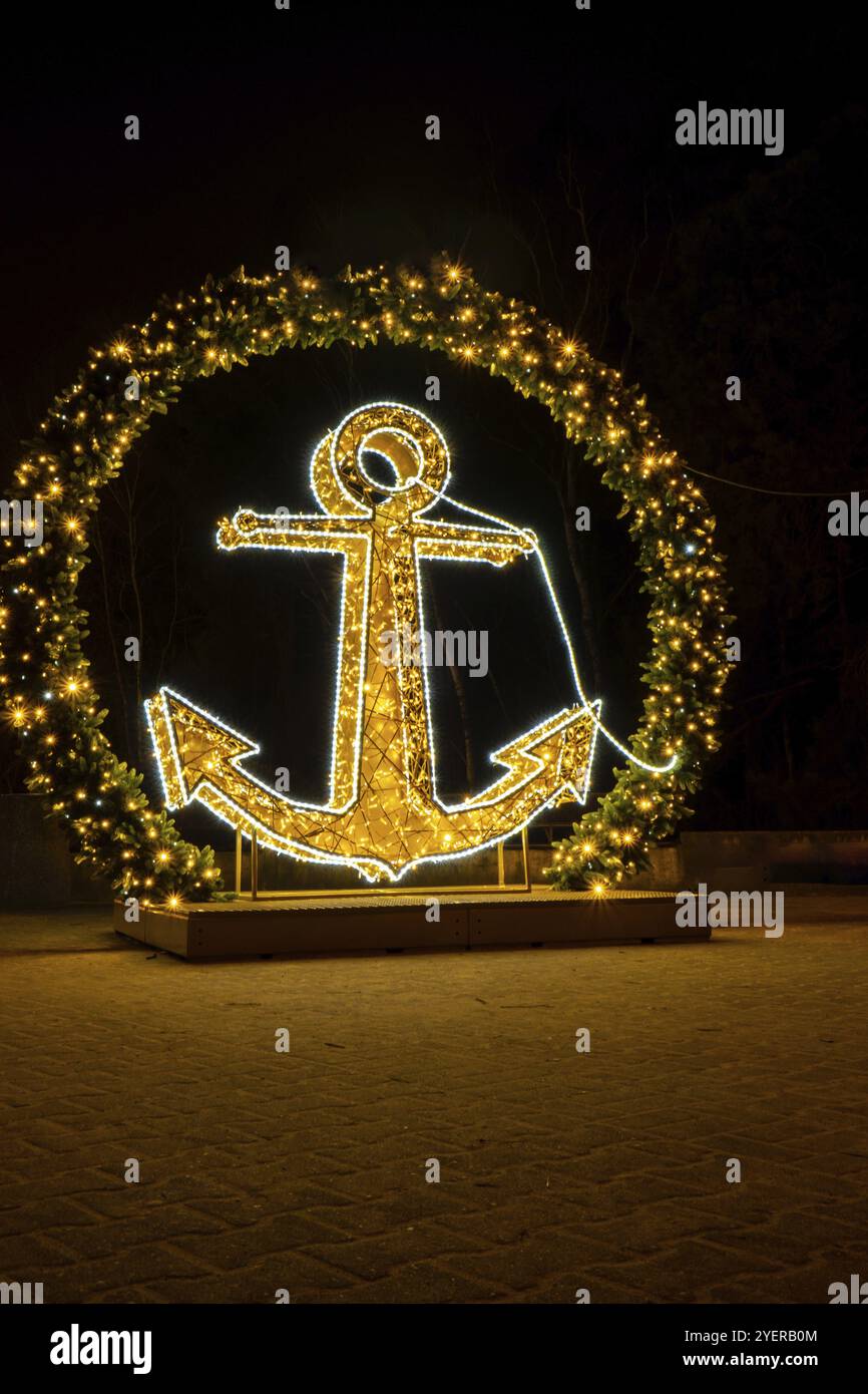Ship Anchor Holiday illuminated decorations in Gdansk Poland. Beautiful ...