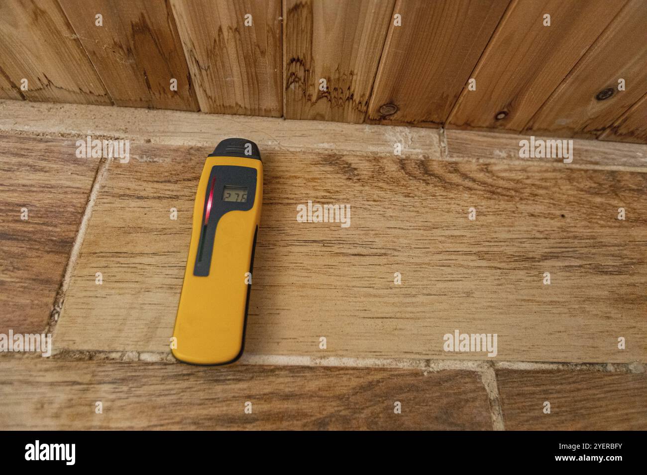 A timber moisture detector is seen close up with copy-space, during an ...