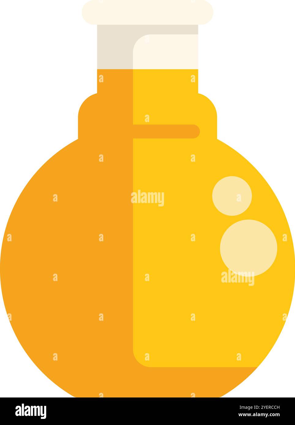 Round bottom flask containing bubbling yellow liquid, isolated on white ...