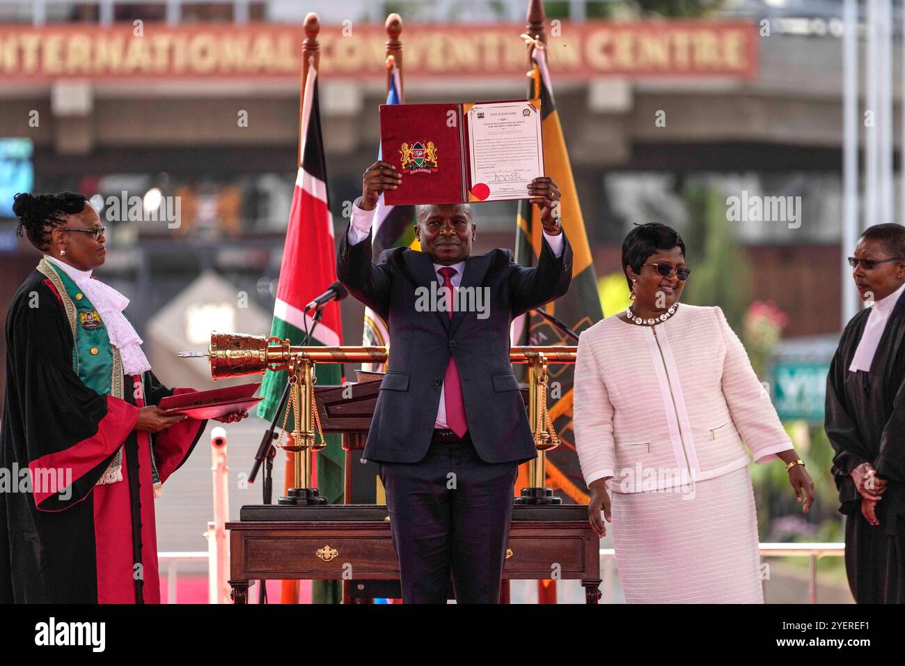 Kenya's new Deputy President Kithure Kindiki, center, is sworn into ...