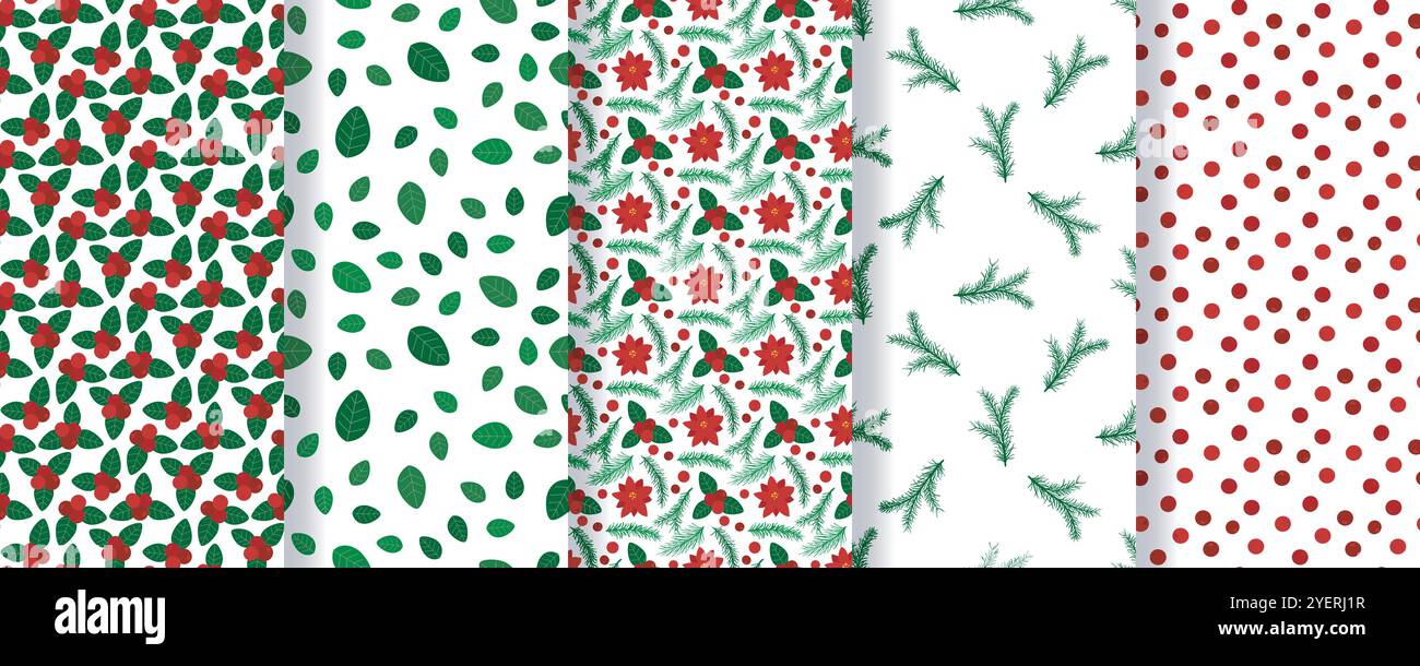 Botanical Christmas patterns set. Backgrounds with berries, leaves, fir ...