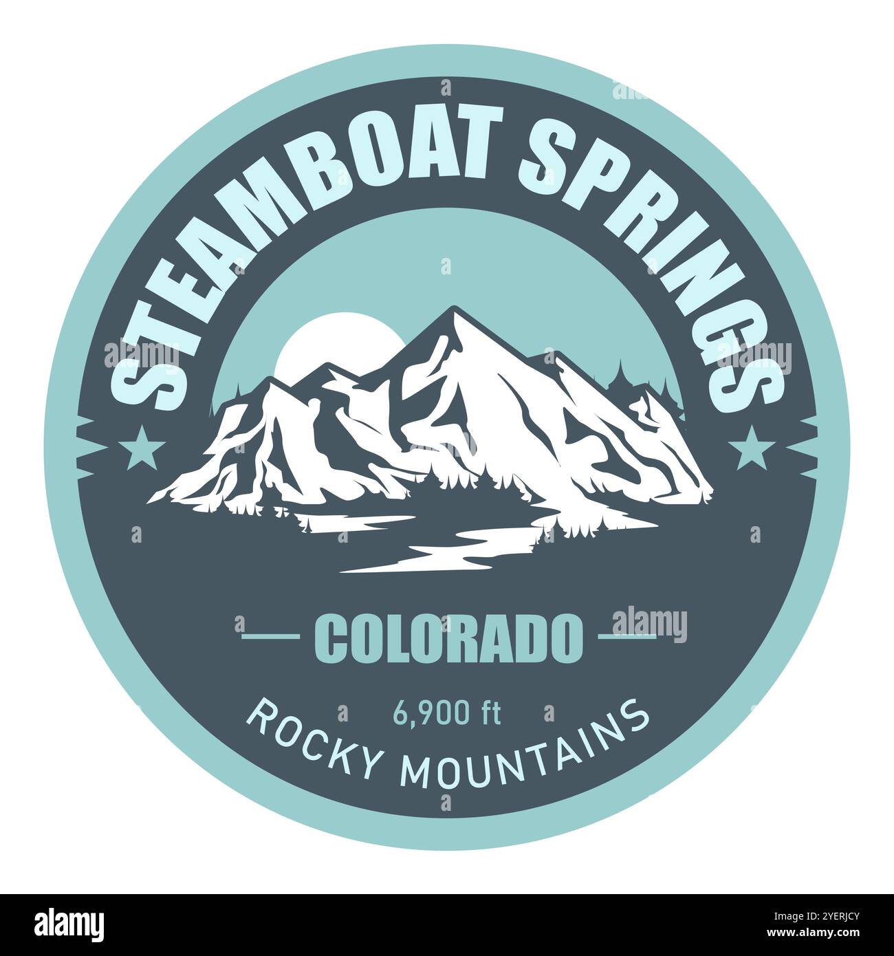Steamboat Springs, Colorado ski resort emblem with snow covered ...
