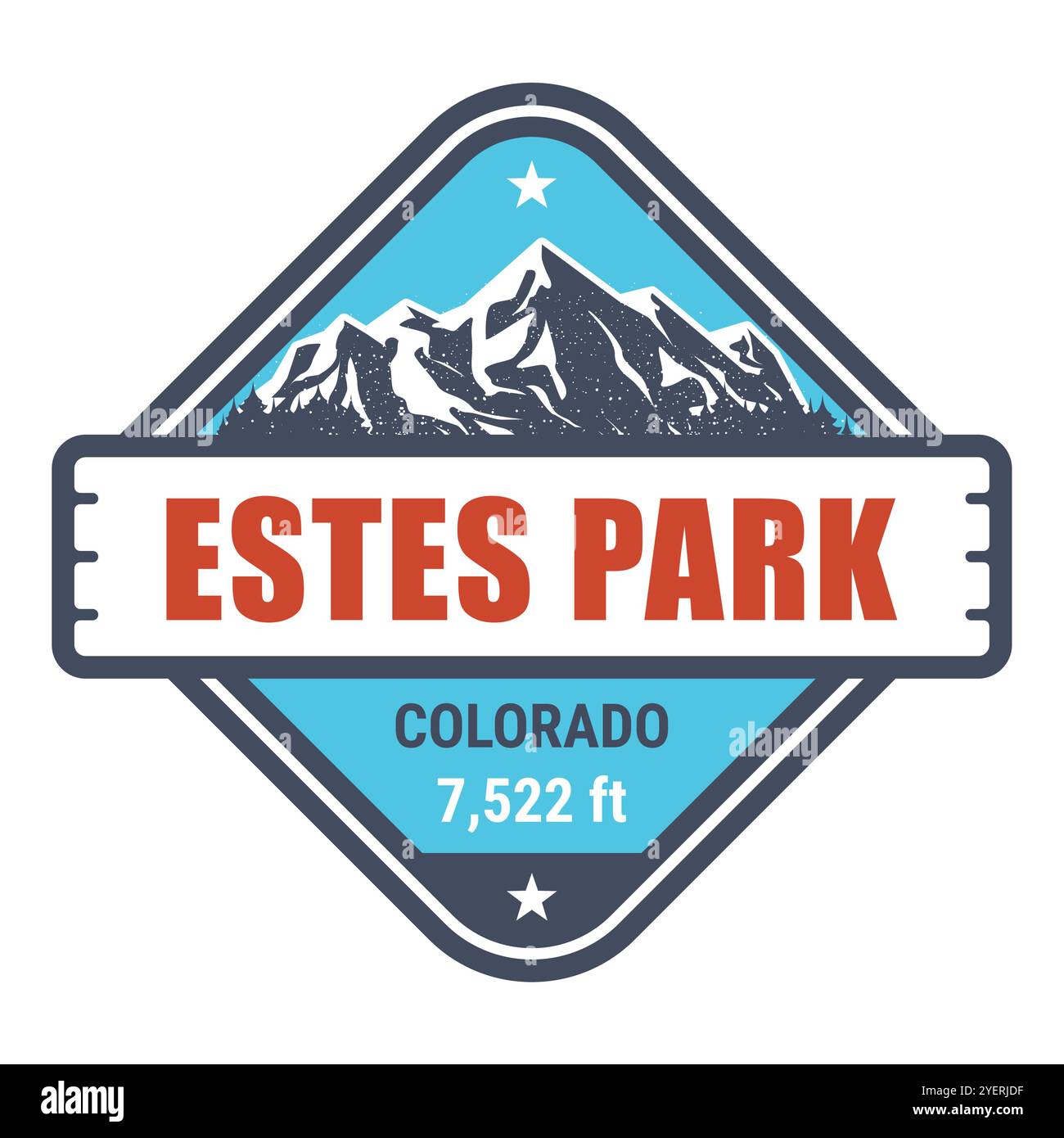 Estes Park, Colorado ski resort stamp, emblem with snow covered ...