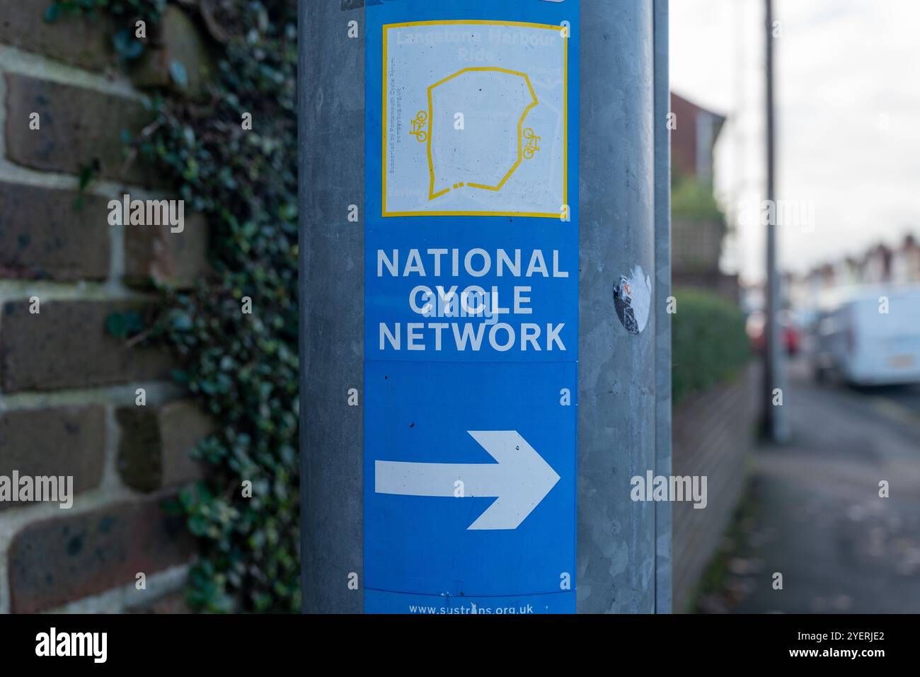 National cycle network sign on a lamp post in England. October 2024 ...