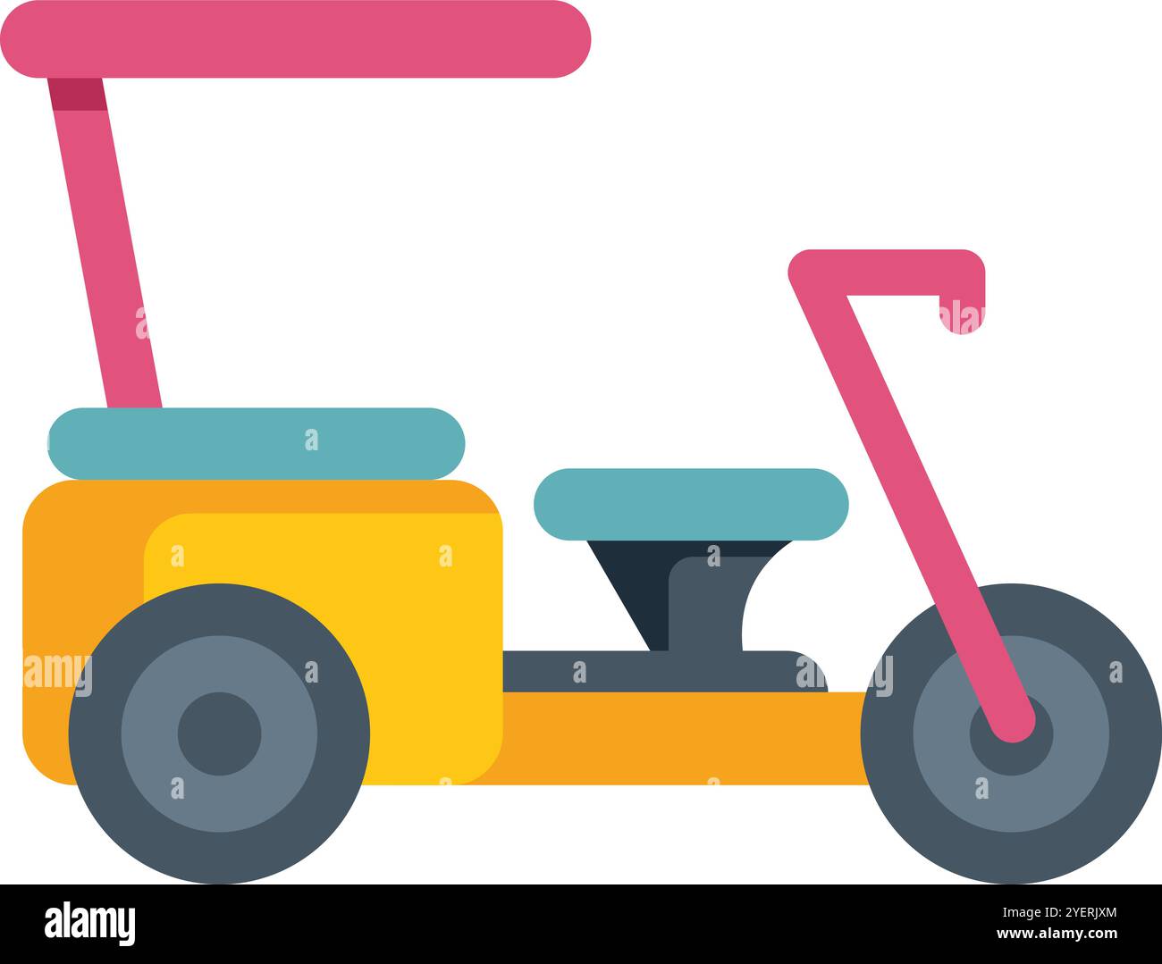 This flat, cartoon style icon is depicting a yellow motorbike toy with ...