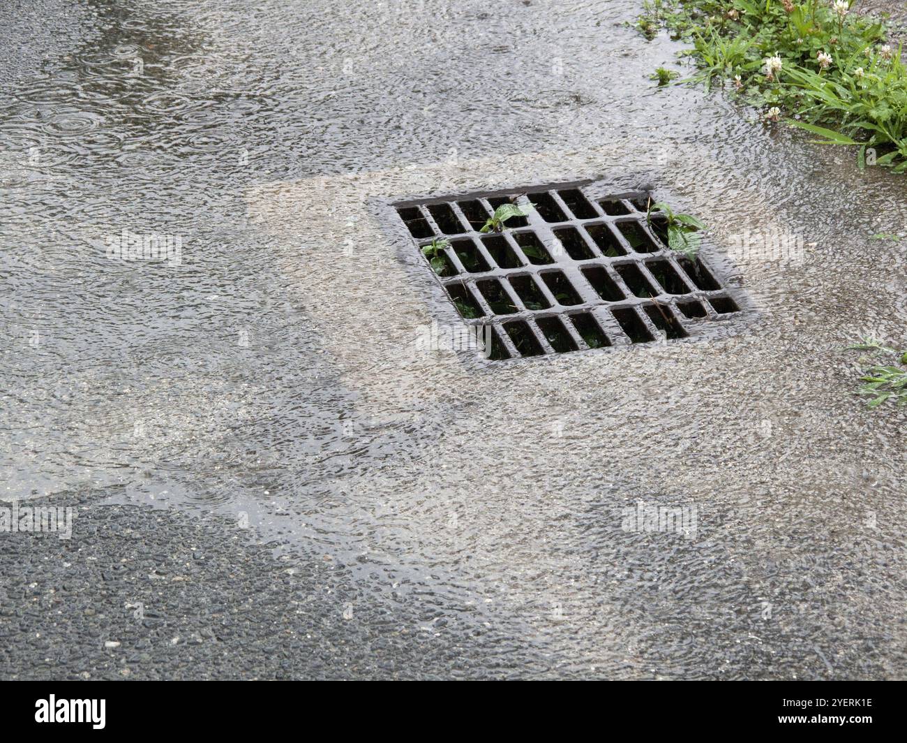 Sidewalk drains with rainwater flowing into them Stock Photo - Alamy