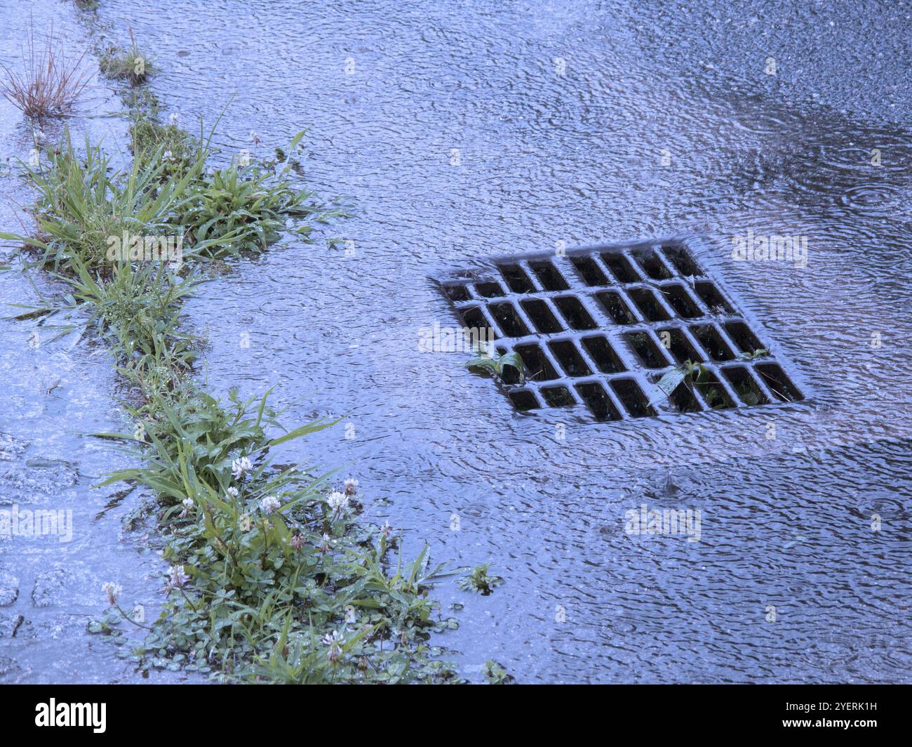Sidewalk drains with rainwater flowing into them Stock Photo - Alamy