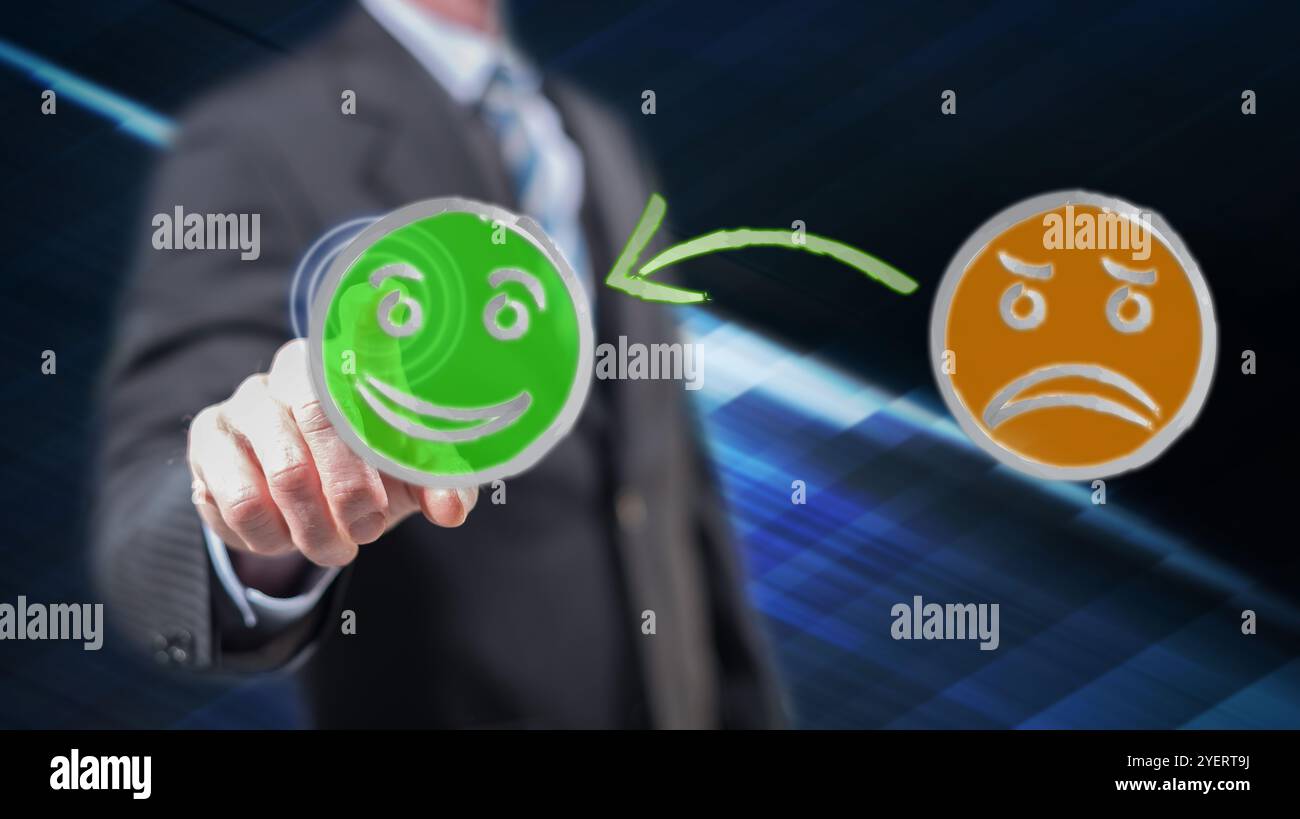 Man touching a customer satisfaction concept on a touch screen with his ...