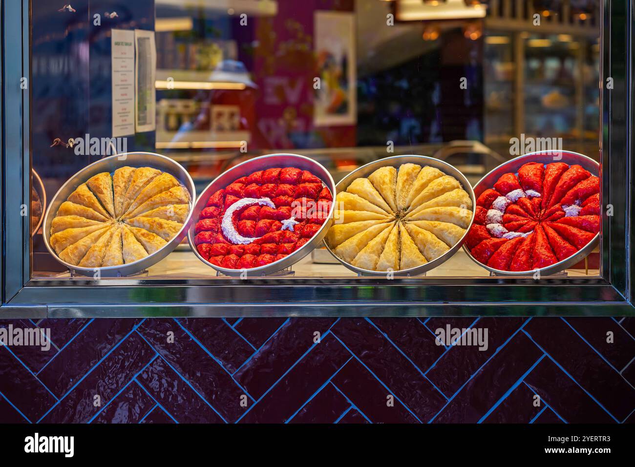 Turkish baklava pastries arranged in shape of the Turkish flag, vibrant ...