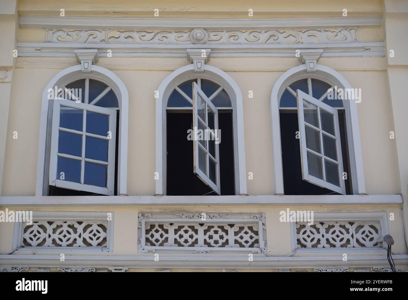 Detailed view of windows, doors and balconies of city buildings Stock ...