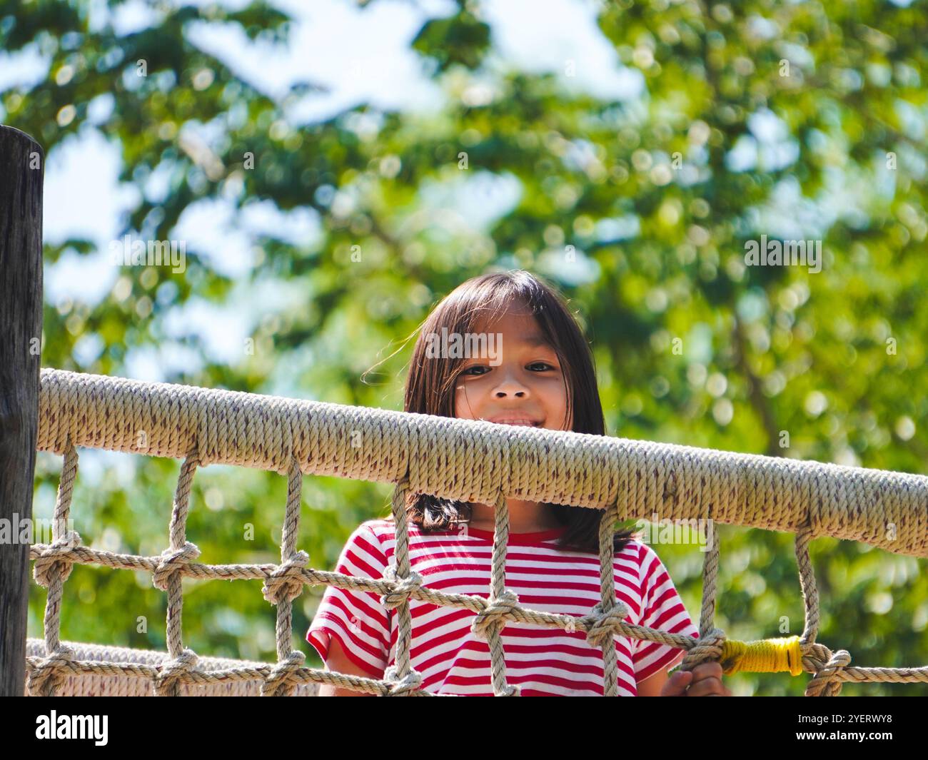 Children play outdoors on a wooden playground in a park. Happy girl ...