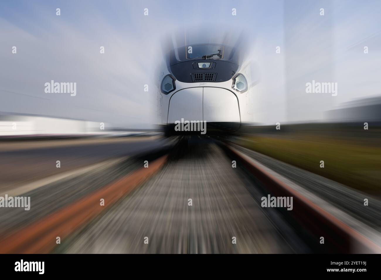 Front view of a Talgo high-speed train with motion simulation Stock ...