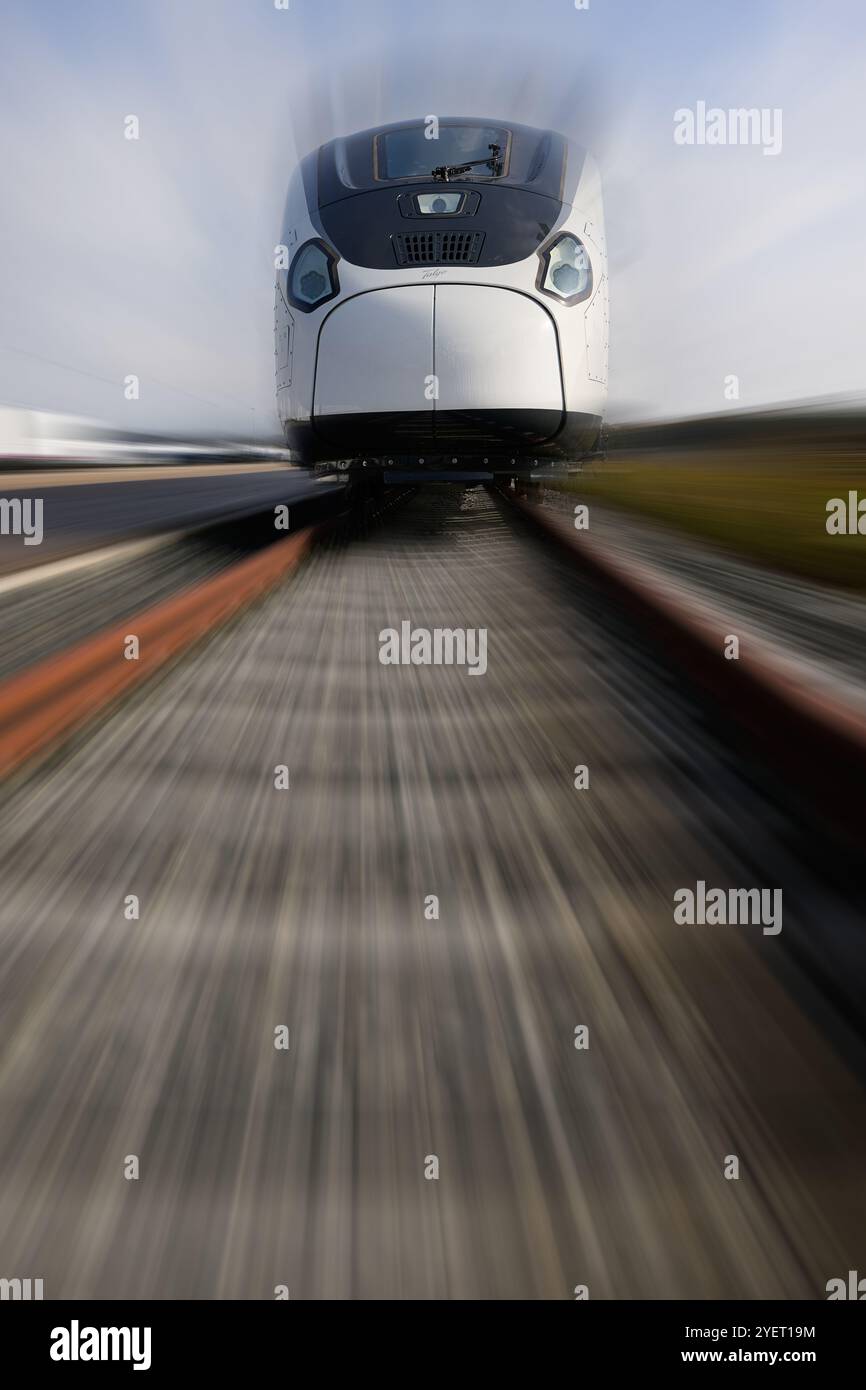 Front view of a Talgo high-speed train with motion simulation Stock ...