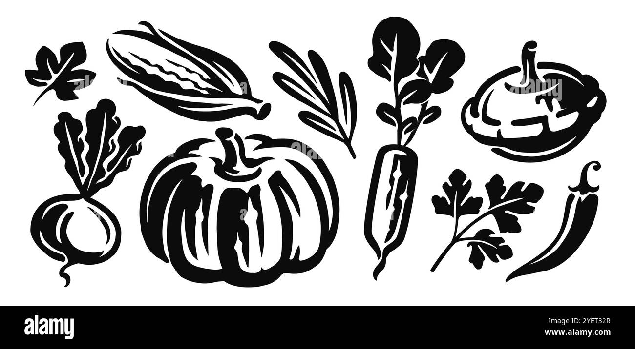 Vegetables set, black and white drawing. Hand drawn organic healthy ...