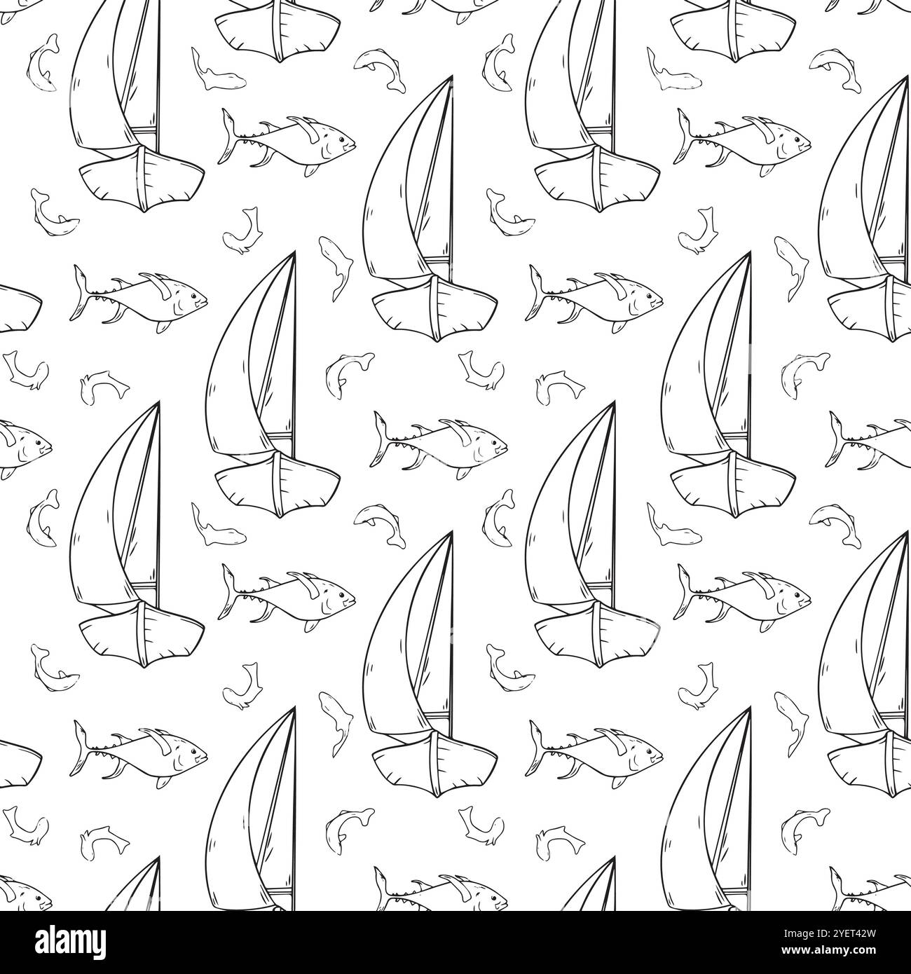 Sailing ship black and white vector graphic seamless pattern isolated ...
