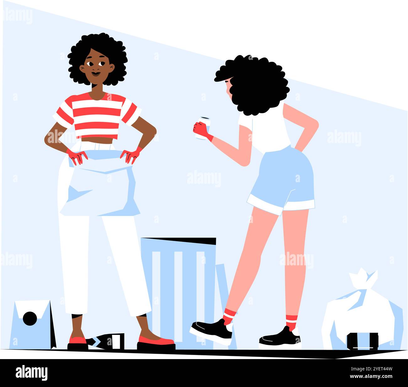 Two Women Cleaning Outdoor Area With Trash Bin And Waste Bags In Flat ... Two Women Cleaning Outdoor Area With Trash Bin And Waste Bags In Flat ...