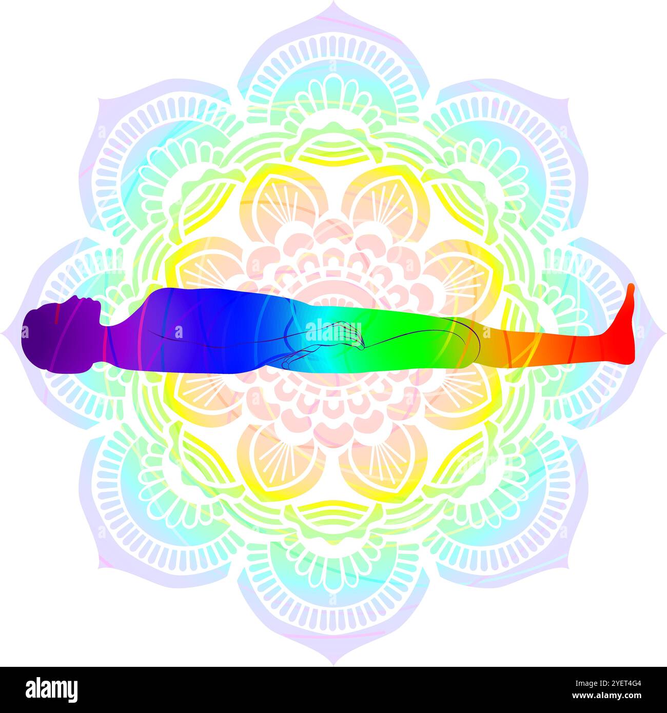 Colorful silhouette of woman practicing Supta Ardha Virasana yoga pose ...
