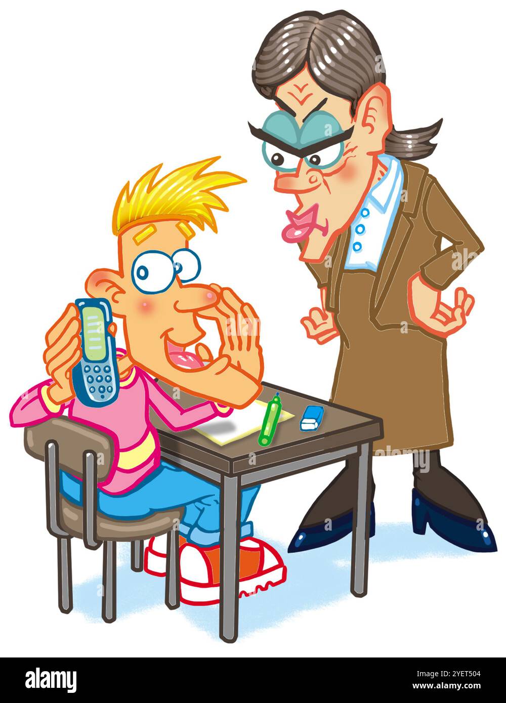 Art boy talking in class while teacher looks angrily in his direction ...