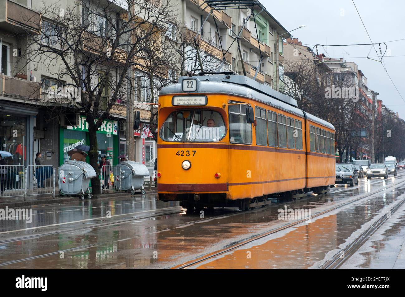 Tram Trolley in Sofia. Vintage, Soviet Style Design Tram Trolley driving down town Sofia ...