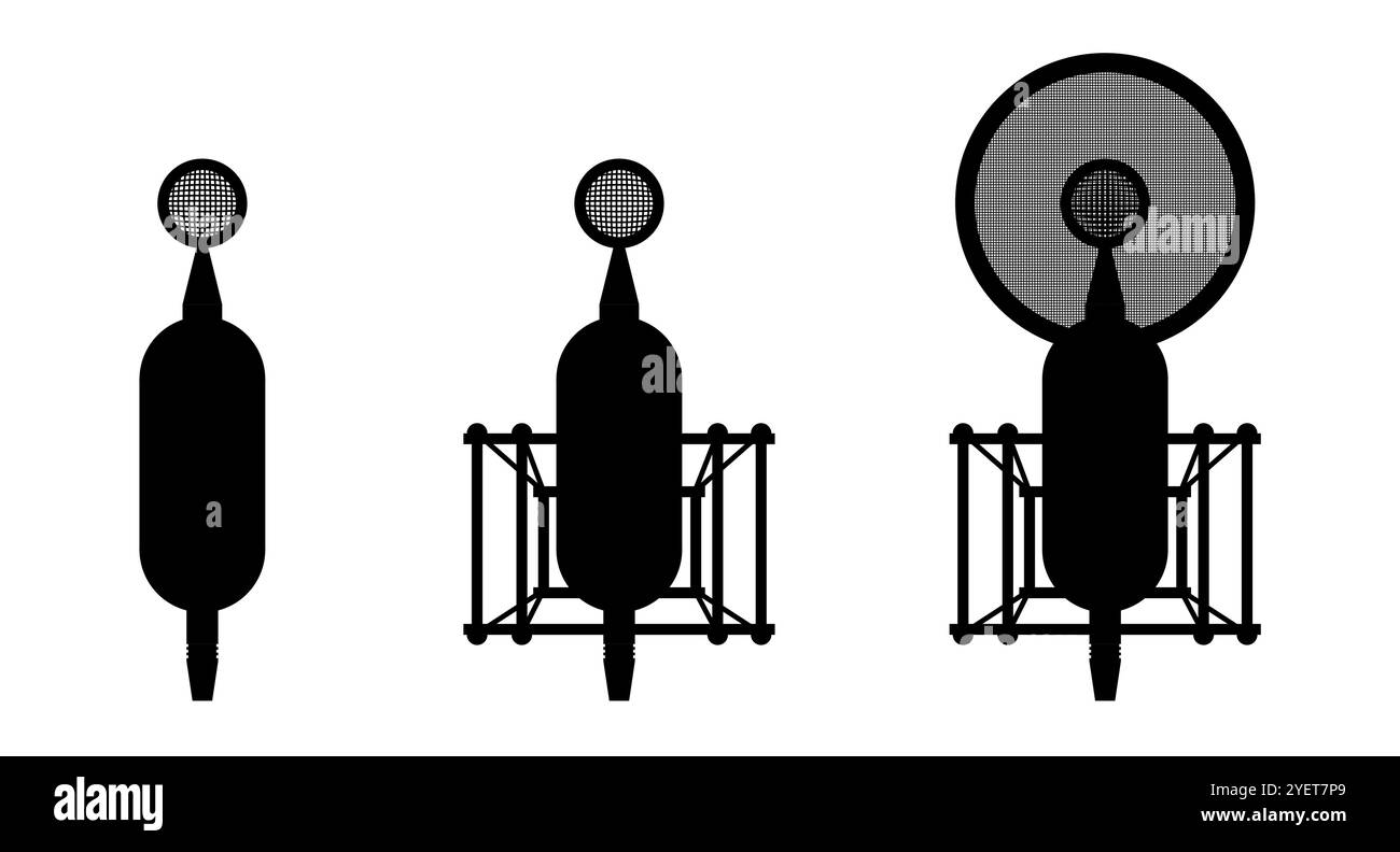 Music recording studio condenser microphone silhouette icon set ...