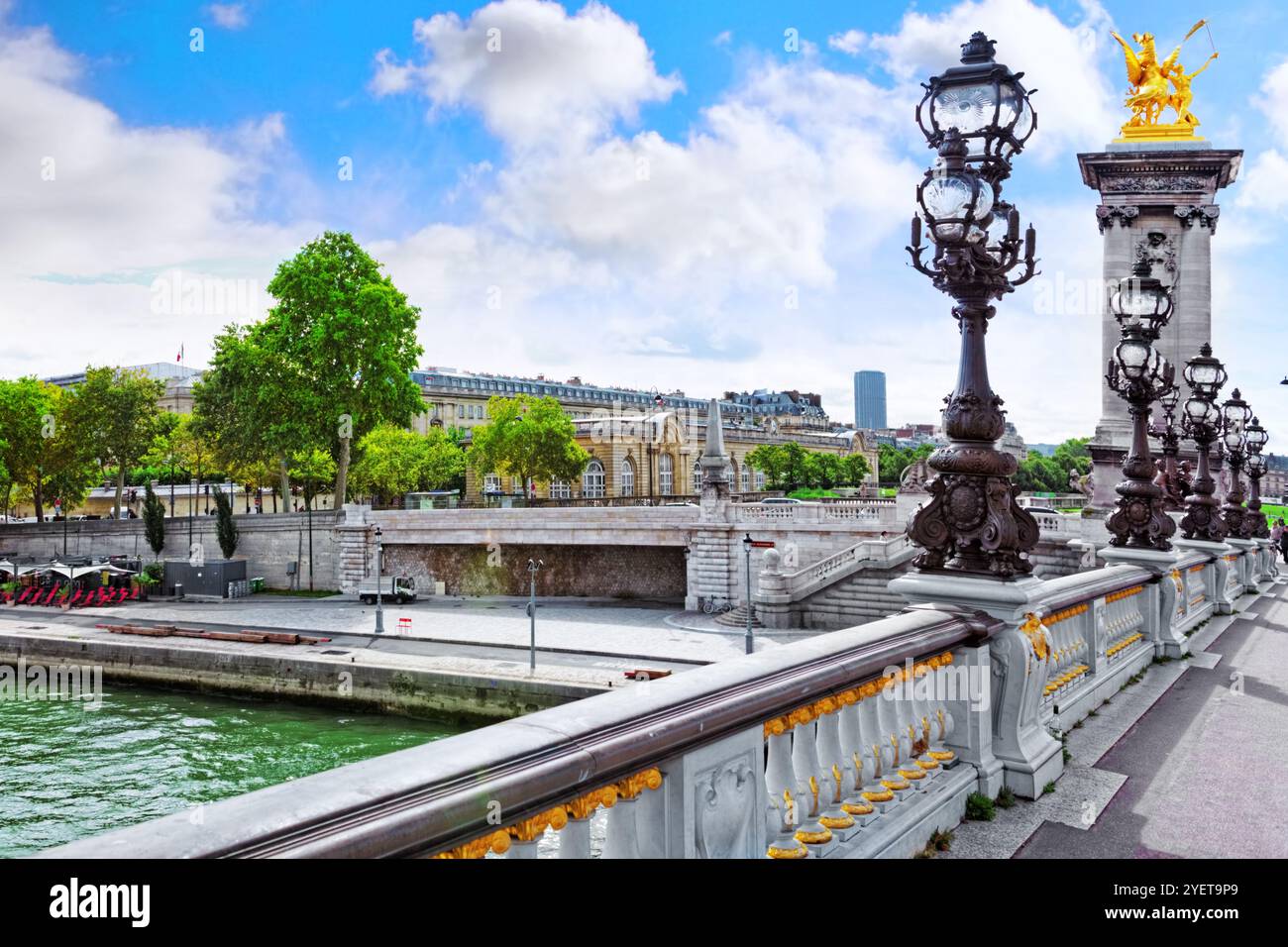 Pont Alexandre III bridge (1896) spanning the river Seine. Decorated ...