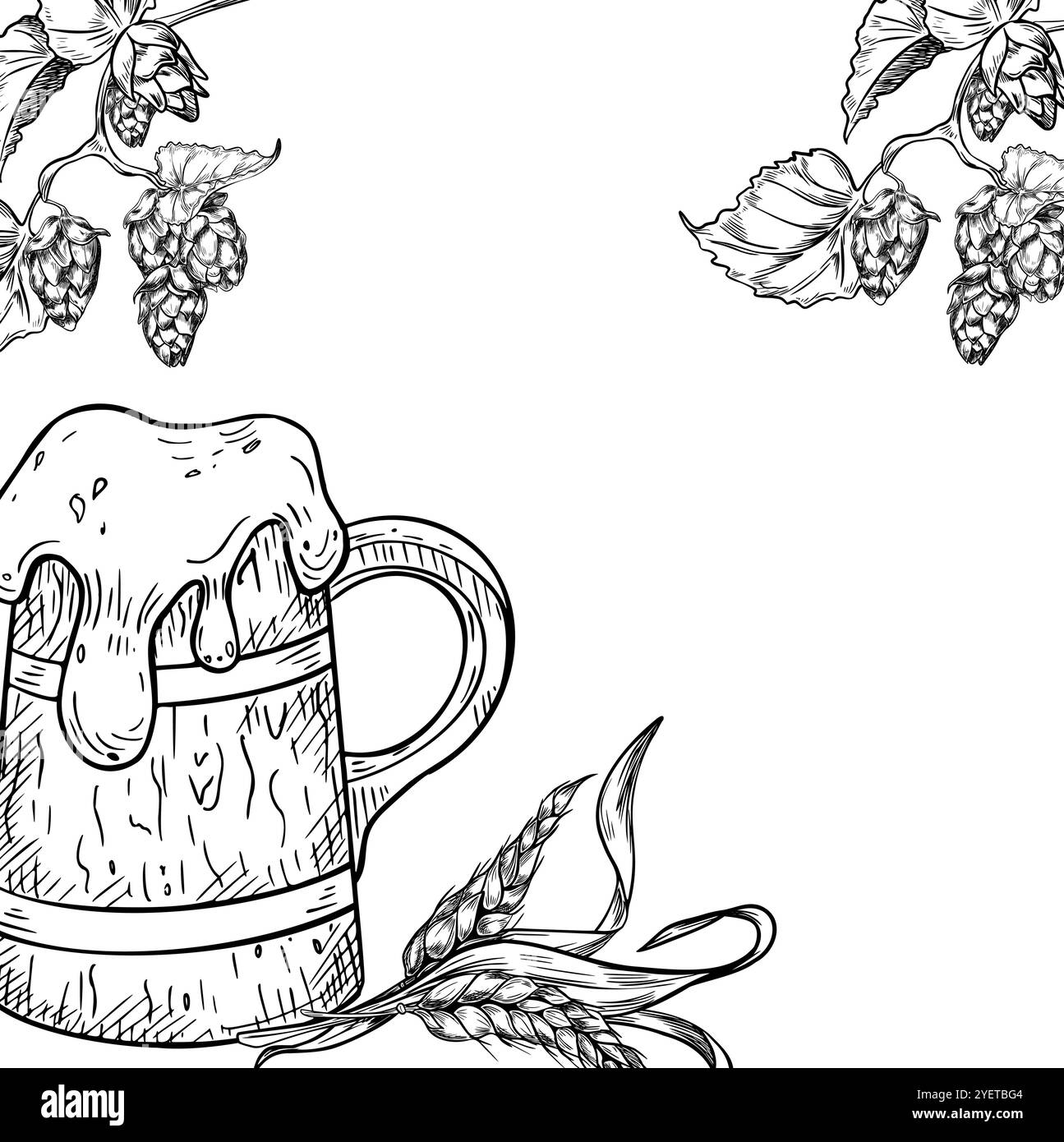 Wooden beer mug and bunch of wheat ears black white border isolated on ...