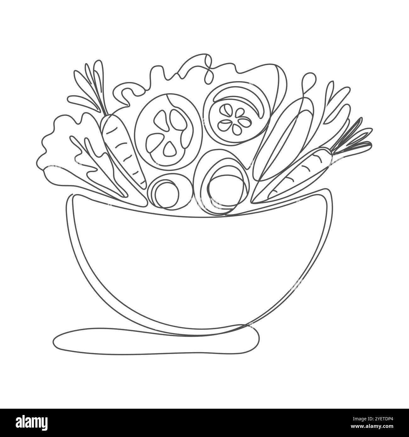 Single continuous line drawing of stylized vegetables salad on bowl ...