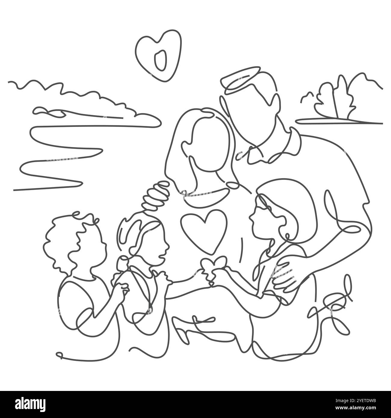 Continuous one line drawing. Happy family, father and mother with three ...