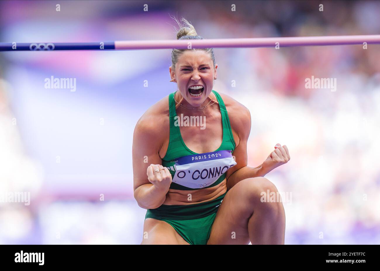 Kate O'Connor participating in the high jump at the Paris 2024 Olympic ...