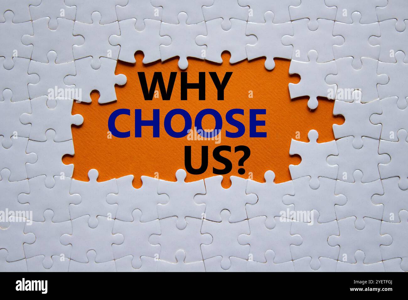 Why choose us symbol. Concept words Why choose us on white puzzle ...