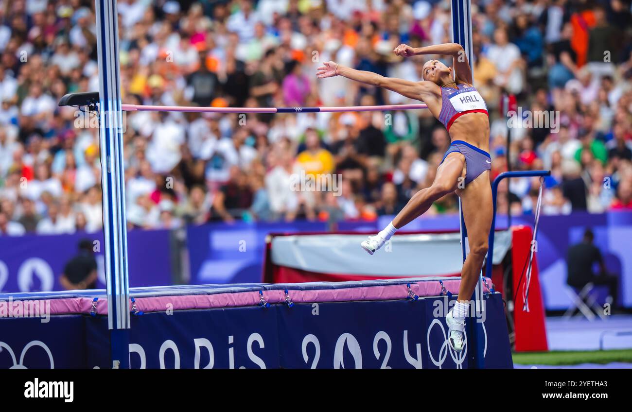 Anna Hall participating in the high jump at the Paris 2024 Olympic ...