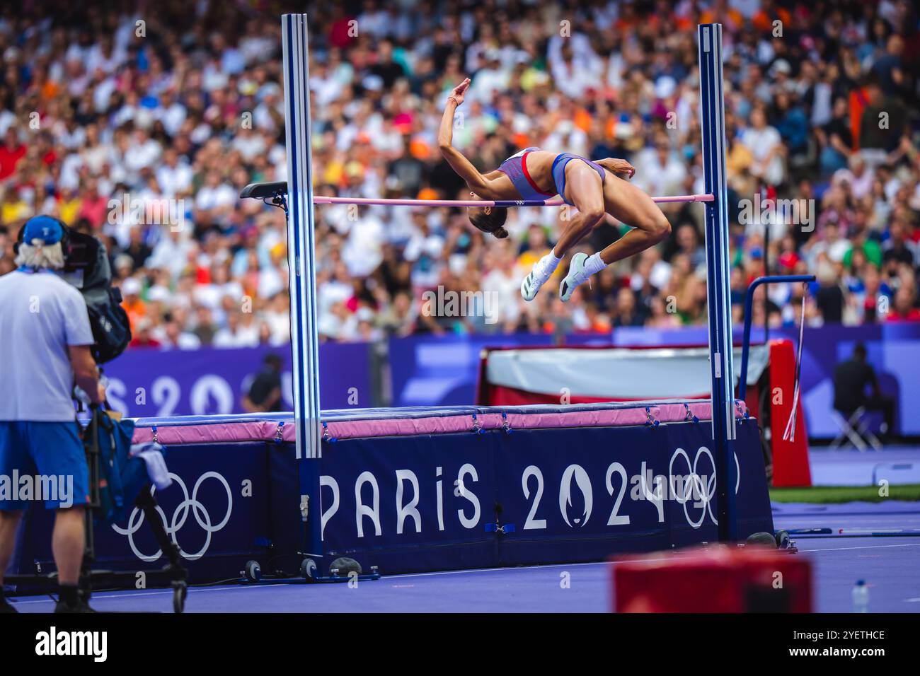 Anna Hall participating in the high jump at the Paris 2024 Olympic ...