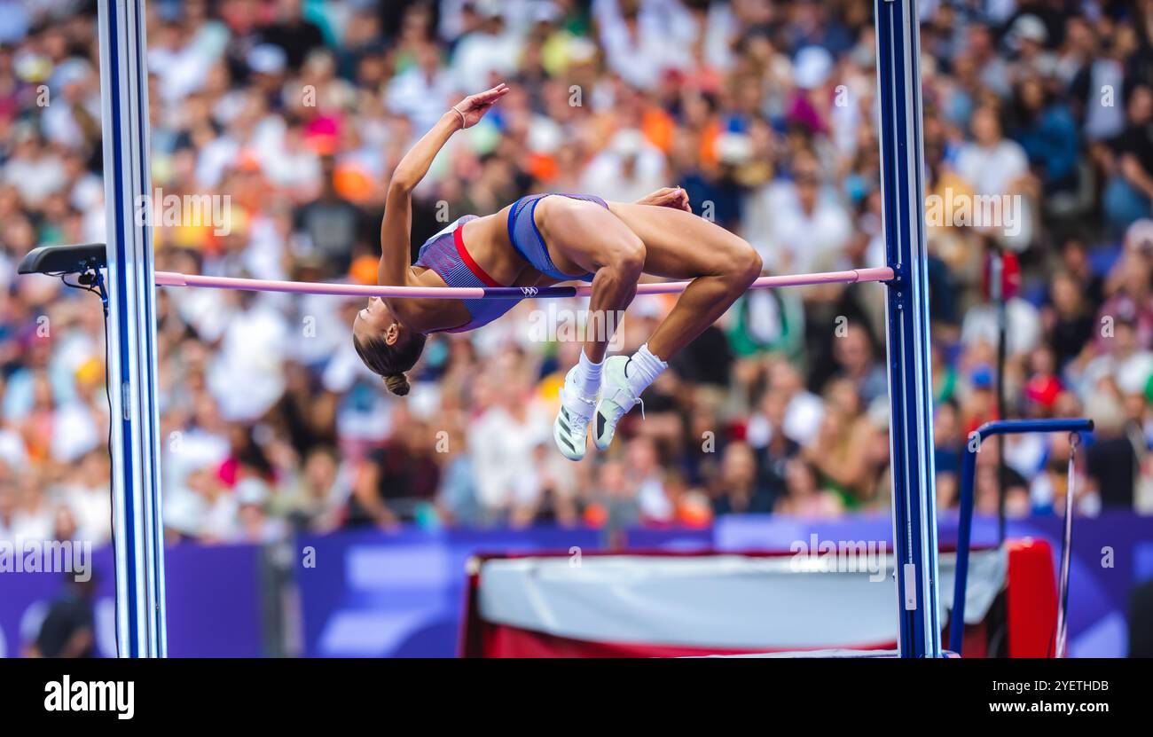 Anna Hall participating in the high jump at the Paris 2024 Olympic ...