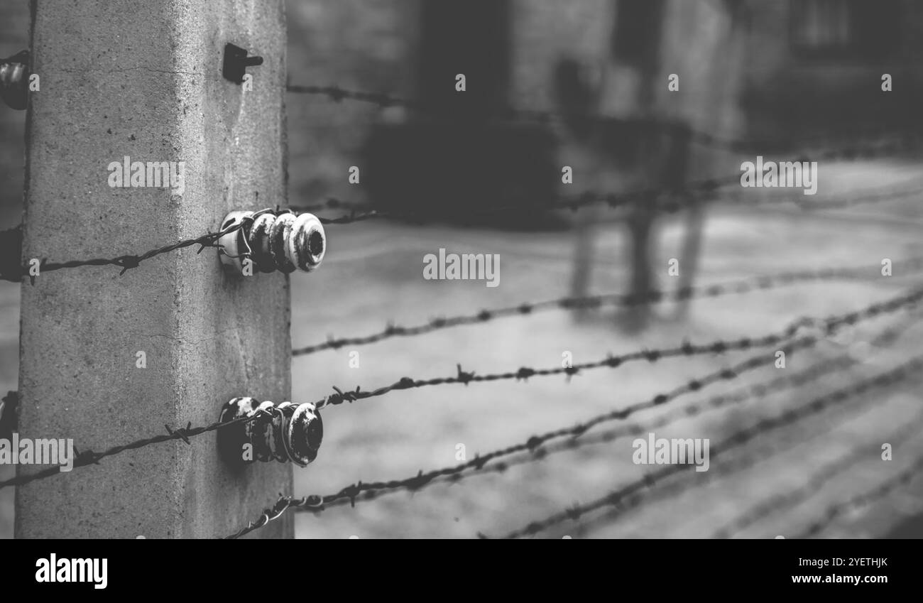 Poland, Auschwitz - April 18, 2014: Barbed wire fence in Auschwitz II ...