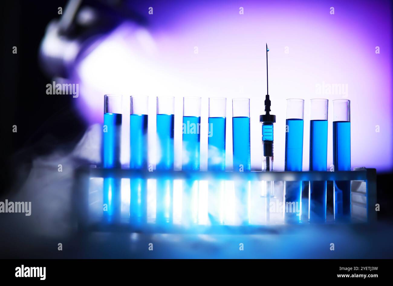 Test tube of glass overflows new liquid solution potassium blue ...