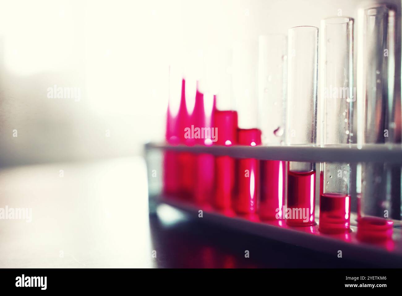 Test tube with blue liquid on laboratory table. Examination of liquid ...