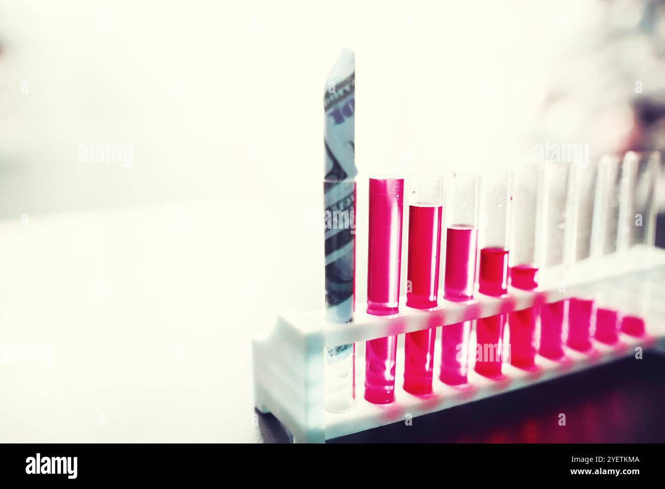 Test tube with blue liquid on laboratory table. Examination of liquid ...