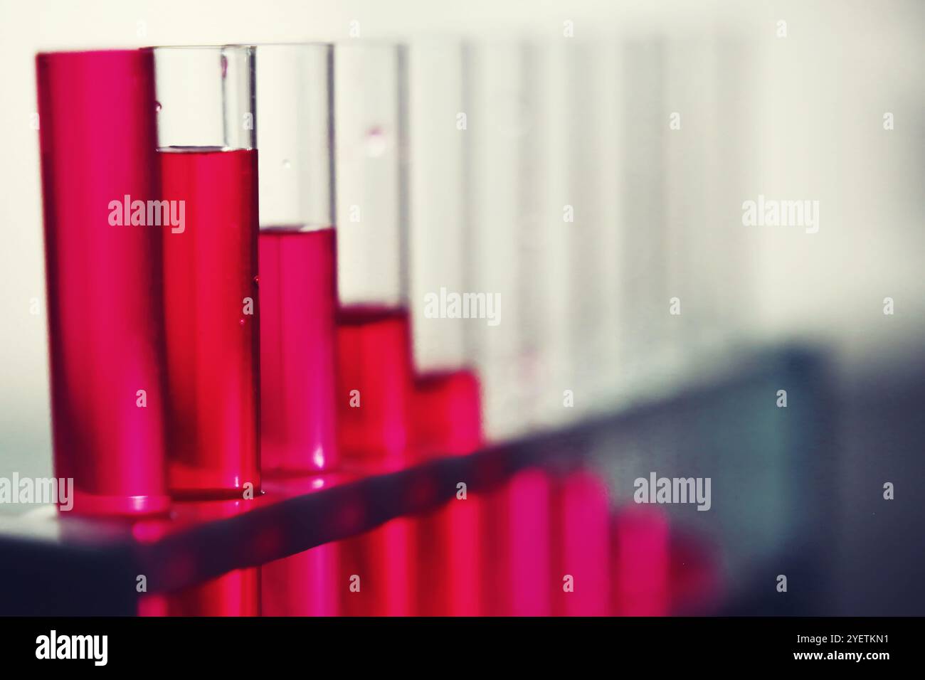 Test tube with blue liquid on laboratory table. Examination of liquid ...