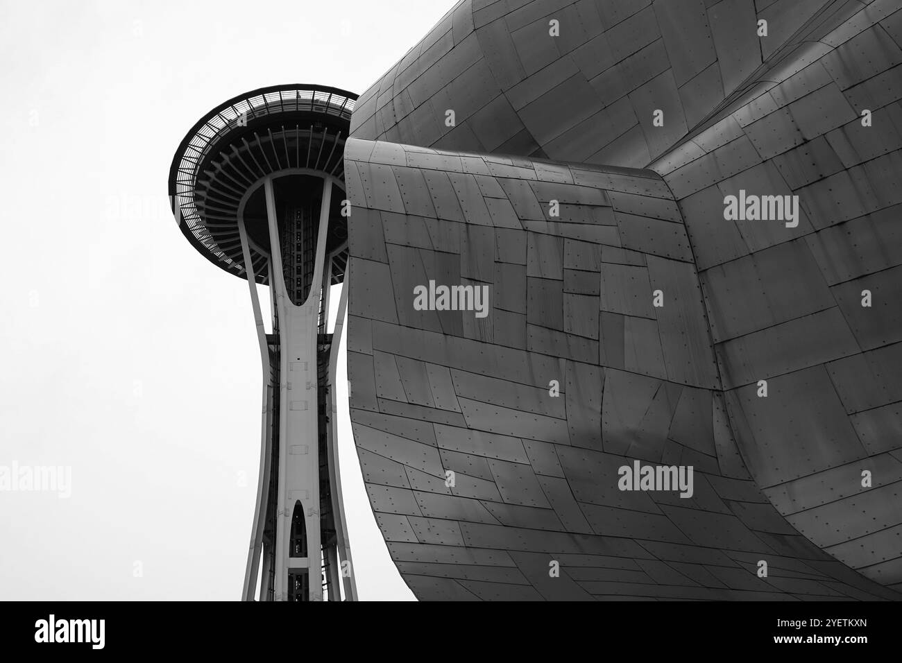 Looking up at the Space Needle and MoPop Museum in Seattle, Washington ...