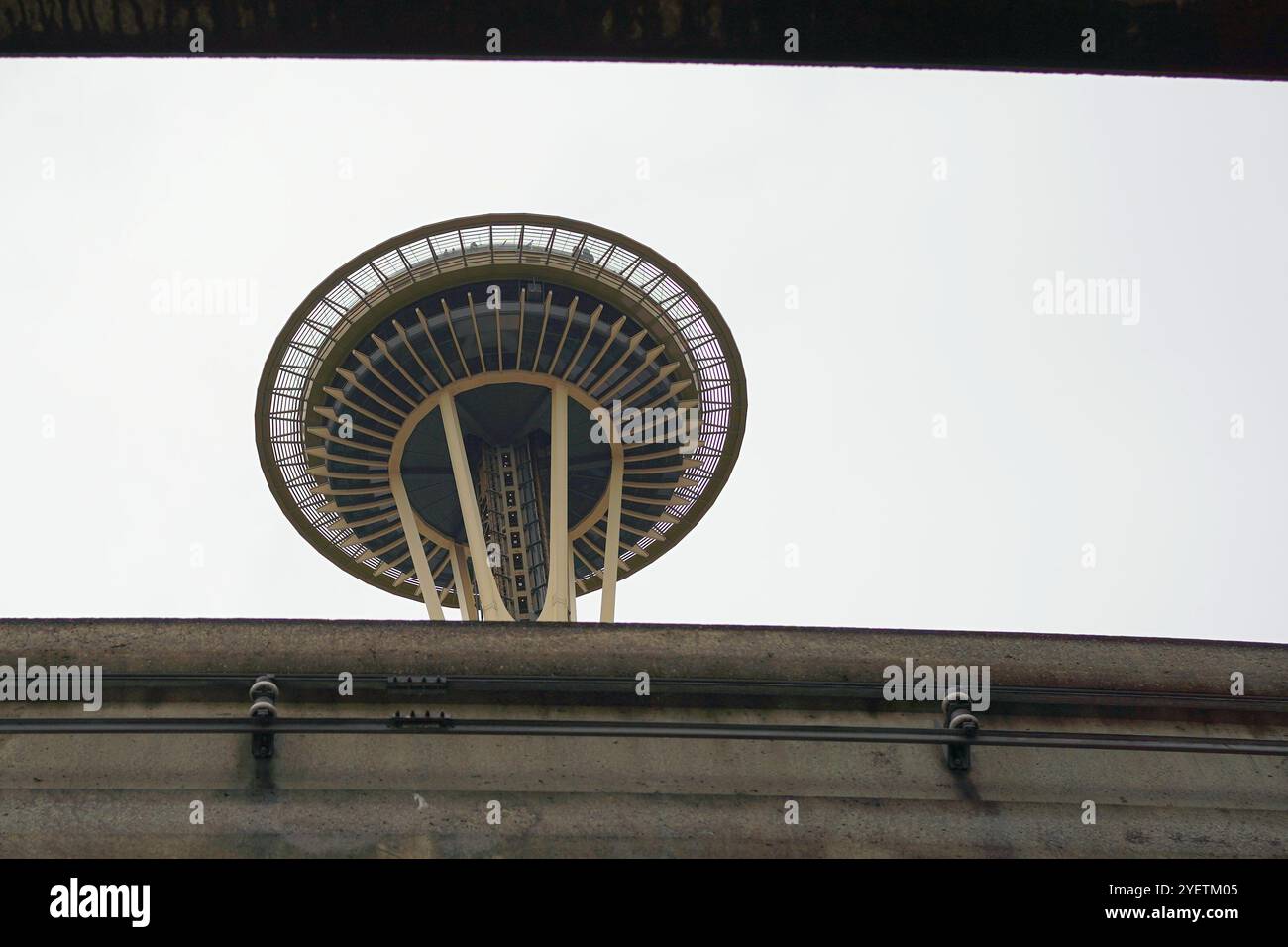 Looking up at the Space Needle and MoPop Museum in Seattle, Washington ...