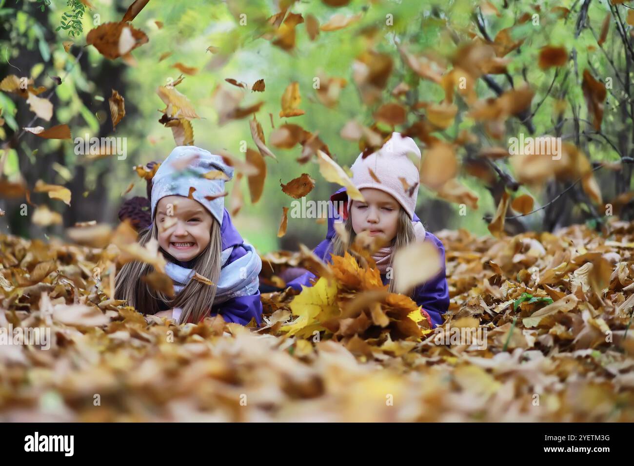 Children for a walk in autumn park. Leaf fall in the park. Family. Fall ...